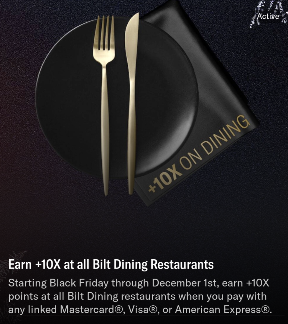 Black Friday Promotions: Earn +10X points at all Bilt Dining restaurants